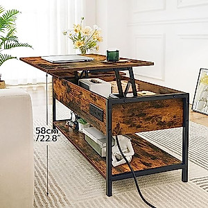 HOOBRO Lift Top Coffee Table, Coffee Table with Charging Station, Coffee Table with Lift Top and Power Outlet, Center Table for Living Room, Office, Reception Room, Rustic Brown and Black BF05UKF01