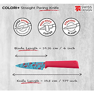KUHN RIKON Tropics Flamingo Colori+ Non-Stick Straight Paring Knife with Safety Sheath, Stainless Steel