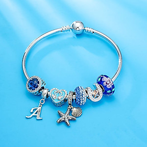 Sambaah Alphabet Charm Letter Beads Solid 925 Sterling Silver with Cubic Stones, Complete A~Z Gift Options fit Pandora European Bracelets(A)