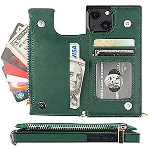 Bocasal Crossbody Wallet Case for iPhone 13 with RFID Blocking Card Slot Holder, Magnetic Flip Folio Purse Case, PU Leather Zipper Handbag with Detachable Lanyard Strap 6.1 Inch 5G (Green)