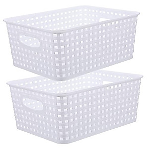 JOINPAYA 2pcs mini hamper mini woven hamper plastic storage bin simple to weave basket for office plastic barrel the basket dressing table plastic bins for storage file basket tray white