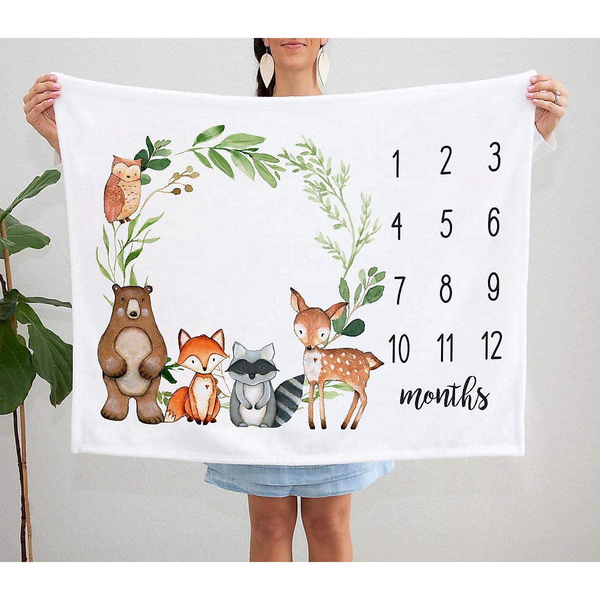 Yuzioey Baby Monthly Milestone Blanket Woodland, Forest Animals Baby Photo Blanket, Gift for New Moms Baby Shower, Watch Me Grow Baby Boy Greenery Woodland Nursery Décor, Includes Marker (50"x40")