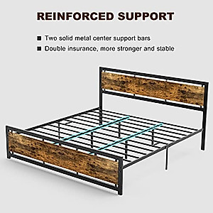 IKIFLY Industrial Metal King Size Bed Frame/Farmhouse Metal Platform Bed with Wooden Headboard Footboard/Heavy Duty Steel Slats Support/No Box Spring Need, Easy Assembly（King, Rustic Brown）