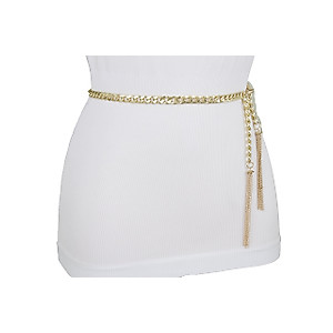 TFJ Women Fashion Belt Skinny Strong Metal Chain Link Fringes Wrap Around XS S M Gold