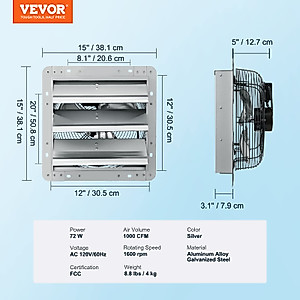 VEVOR 12'' Shutter Exhaust Fan, High-speed 1000 CFM, Aluminum Wall Mount Attic Fan with AC-motor, Ventilation and Cooling for Greenhouses, Garages, Sheds, Shops, FCC