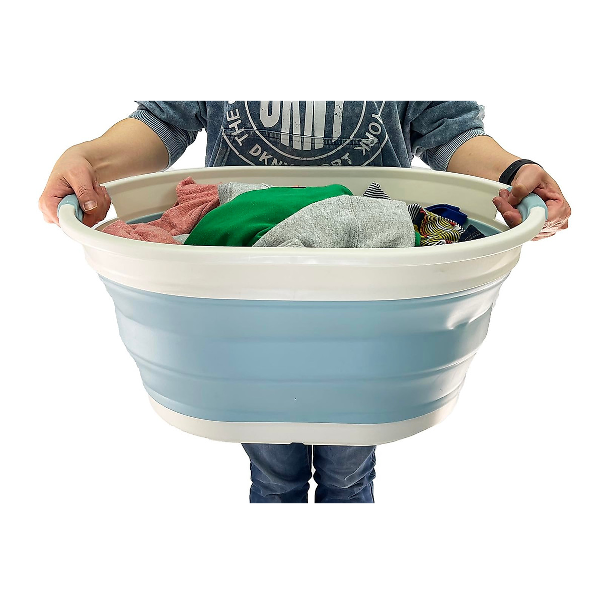 SAMMART 28L (7.4Gallons) Collapsible Plastic Laundry Basket - Oval Tub/Basket - Foldable Storage Container/Organizer - Portable Washing Tub - Space Saving Laundry Hamper (1, Grey/Sterling Blue)