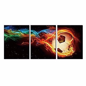 Sport Boy Room Wall Art Multicolor Flame Triptych Soccer Artwork Canvas Poster Print for Baby's Bedroom Wall Decor Stretched Framed Colorful Football Picture Dormitory Nursery Kids Room Decor 12x16inchx3