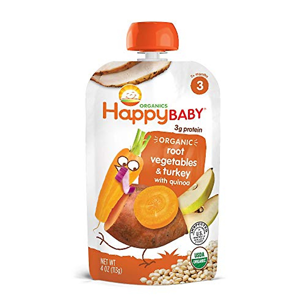Happy Baby Organic Stage 3 Baby Food, Hearty Meals, Root Vegetables & Turkey with Quinoa, 4 Ounce (Pack of 8)