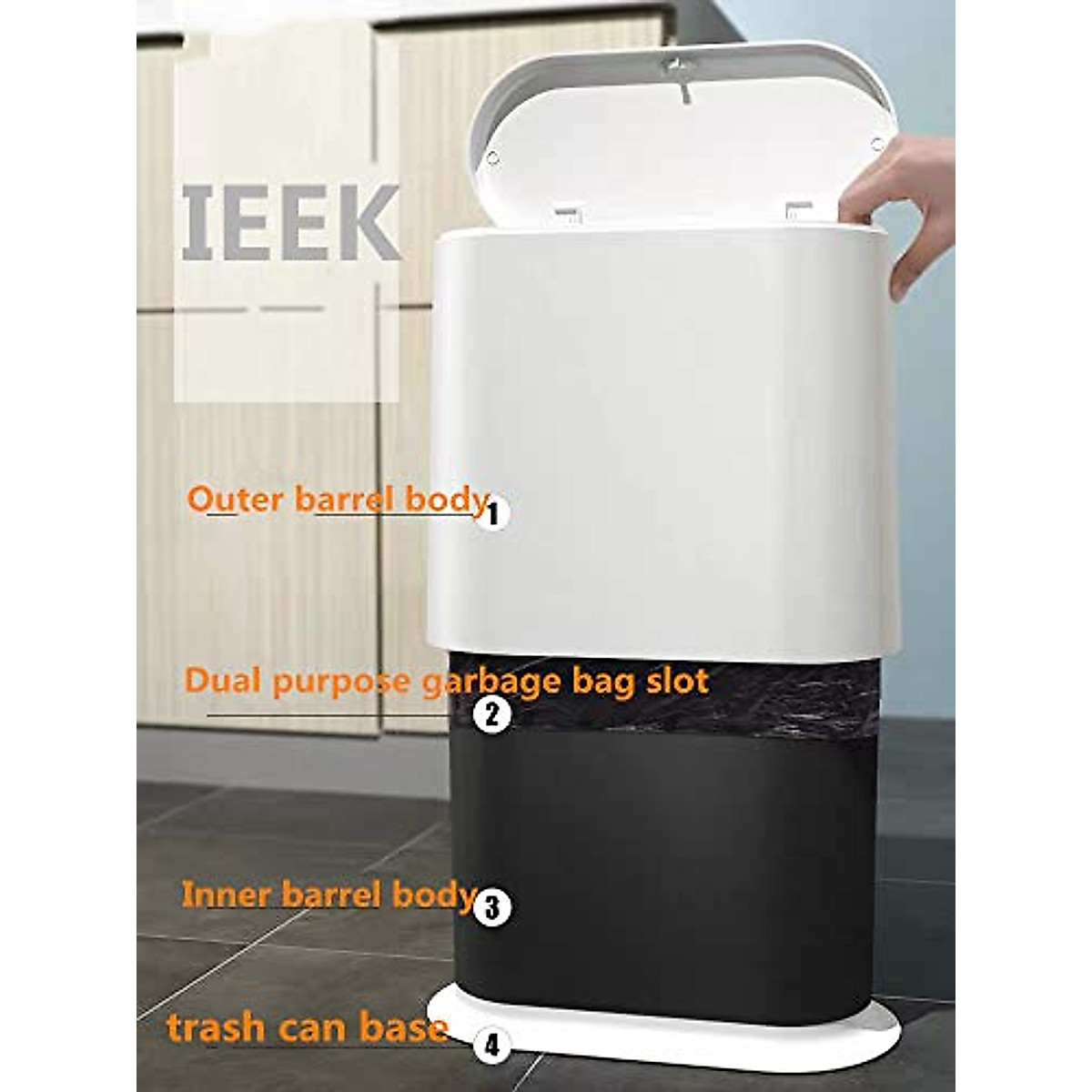 IEEK Slim Plastic Trash Can with Press Top Lid,2.4 Gallon/10 Liter Garbage Can Modern Waste Basket for Bathroom,Living Room,Office,Kitchen and Narrow Spaces,Grey