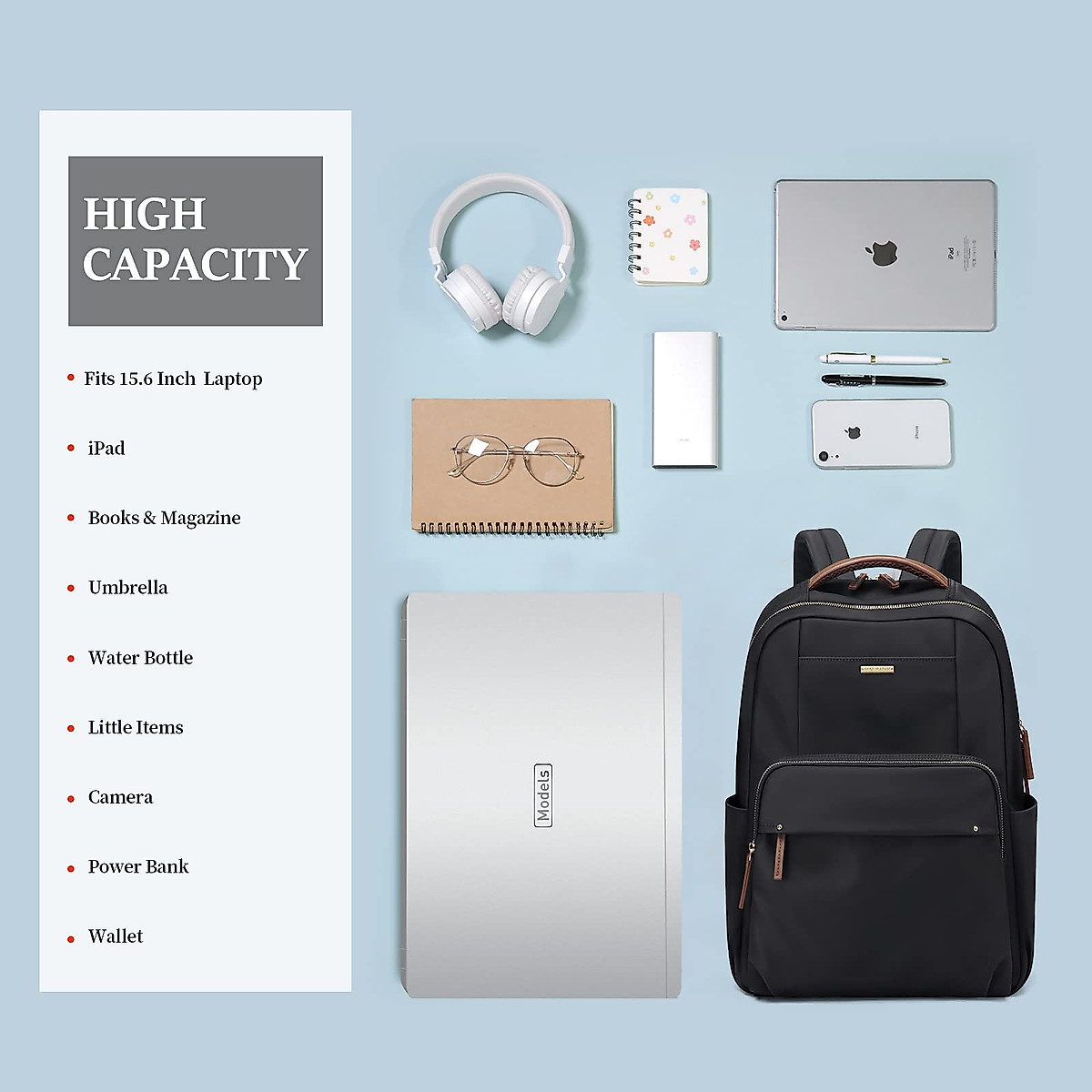 GOLF SUPAGS Laptop Backpack for Women Computer Bag Casual Daypack Fits 15.6 Inch Notebook Work Travel Backpacks (Black)