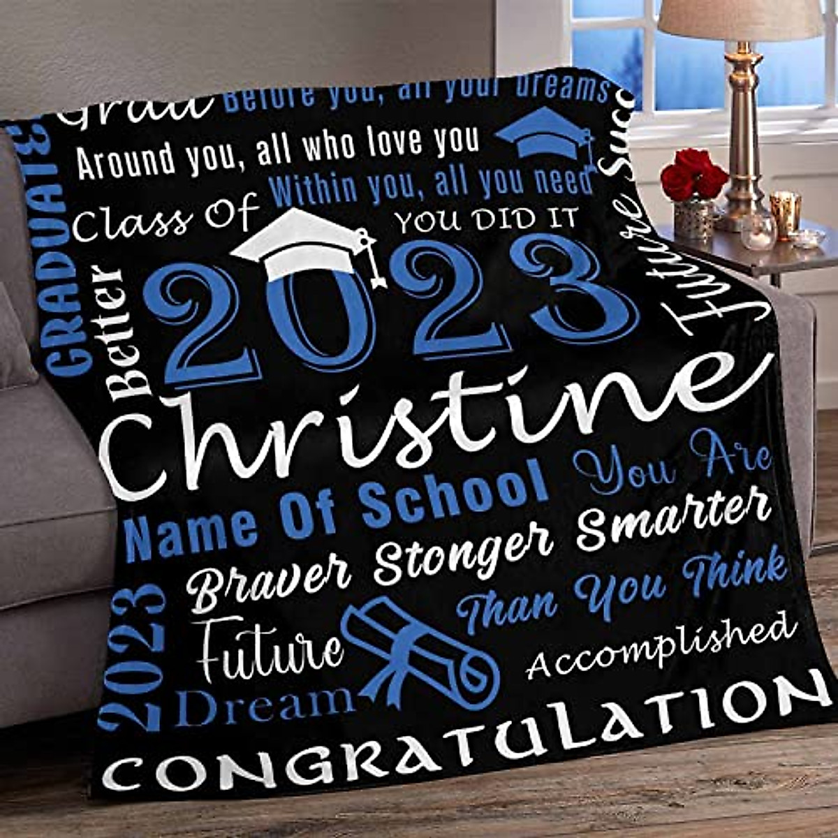 YESCUSTOM Graduate Custom Blanket Customized Graduation Gifts for Her Him Classmates Friends Son Daughter Men Women, Add with Name,School,Text,Class of 2023