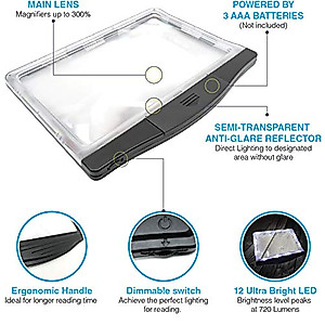 3X Large Ultra Bright LED Page Magnifier with 12 Anti-Glare Dimmable LEDs (Provide More Evenly Lit Viewing Area & Relieve Eye Strain)-Ideal for Reading Small Prints & Low Vision