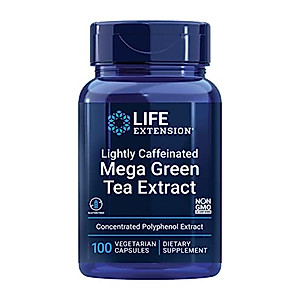 Life Extension Lightly Caffeinated Mega Green Tea Extract - 98% EGCG Polyphenols Supplement for Heart and Brain Health Support for Men and Women - Gluten Free, Non-GMO, Vegetarian - 100 Count