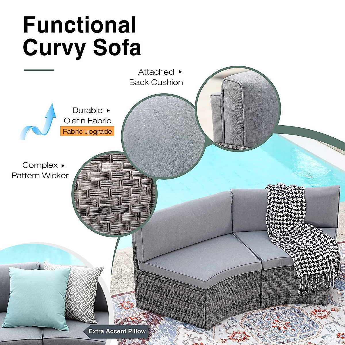 SUNSITT Outdoor Patio Furniture Sectional 7-Piece Half-Moon Curved Outdoor Sofa Set with Round Coffee Table, 4 Pillows & Waterproof Cover, Grey Rattan