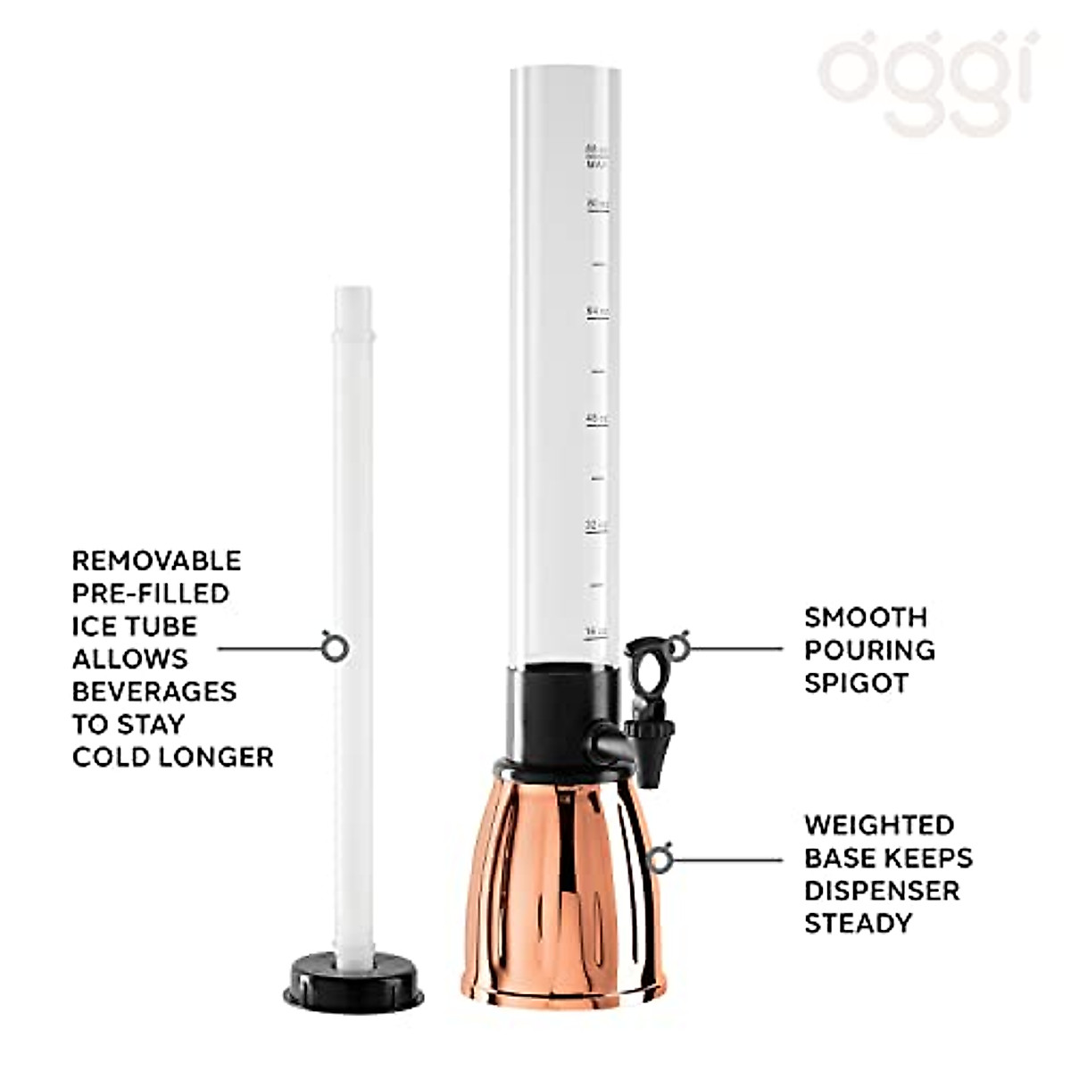 OGGI Beer Tower 3L/100oz - Beverage Dispenser with Spigot & Ice Tube, Margarita Tower, Mimosa Tower, Perfect Drink Dispensers for Parties, Drink Tower, Holds 6 Pints of Beer - Copper