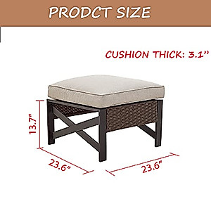 LOKATSE HOME Outdoor Metal Ottoman Patio Rattan Furniture Wicker Footstool Seat with Cushion, Brown
