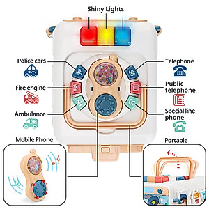 OWNONE 1 Baby Activity Cube Toy, Musical School Bus Toy for Toddlers 1-3, Learning Music Toy Birthday Gift for Baby Boys & Girls 1 2 3 Years Old