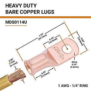 SELTERM 25pcs 1 AWG 1/4" Stud Battery Lugs, Ring Terminals, Heavy Duty Copper Wire Lugs, Battery Cable Ends, 1 Gauge Ring Terminal Connectors, UL Bare Copper Eyelets Electrical Battery Cable Lugs