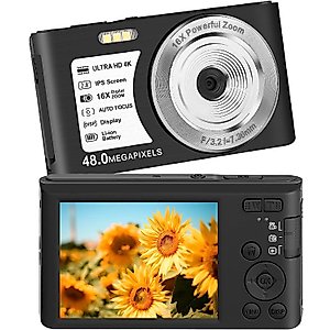 Digital Camera, FHD 1080P 48MP Digital Point and Shoot Camera with 32GB SD Card, 16X Digital Zoom, 2 Batteries, Portable Small Vlogging Camera for Kids, Teens Students, Seniors