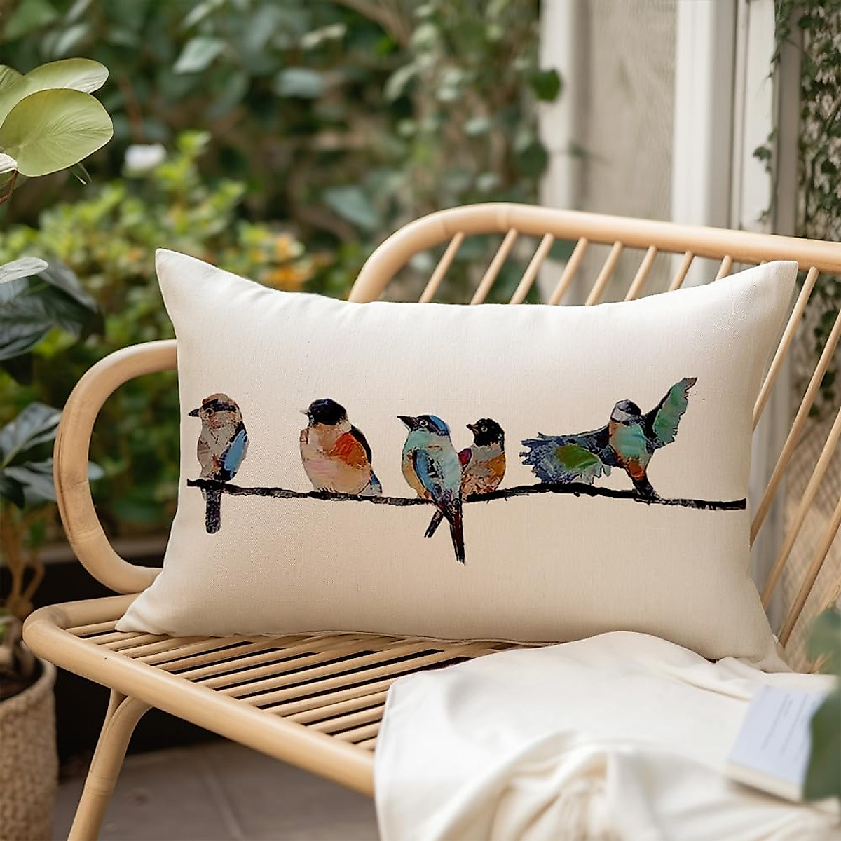 RABUSOFA 12x20 Lumbar Pillow Decorative Throw Pillows,Small Hand-Painted Outdoor Birds Pillowcases,Spring Summer Pillows Decorative Throw Cushion Covers Linen for Couch Sofa Teal Blue