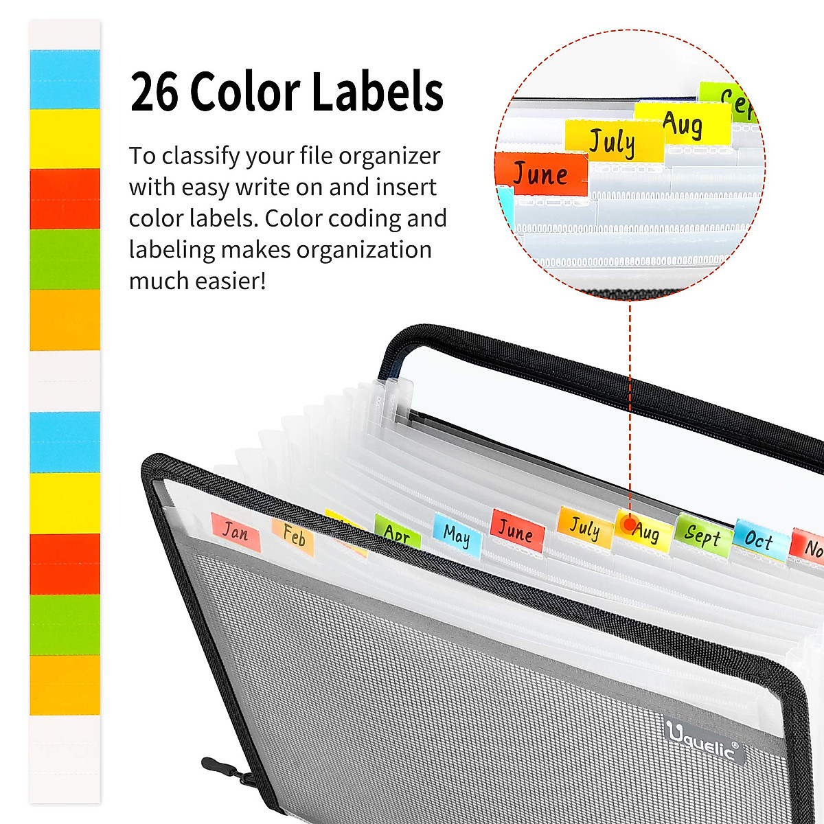 Uquelic 13 Pocket Zip Expanding File Folder, A4, Black, Vinyl