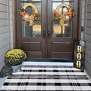 CAINANEL Buffalo Plaid Outdoor Rug Black and White Check Rug 35.4'' x 59'' Cotton Hand-Woven Checkered Front Welcome Door Mat Indoor/Outdoor Area Rug for Front Porch,Kitchen,Entry Way,Living Room