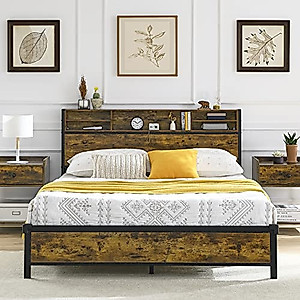 Alohappy Full Size Bed Frame with Bookcase Headboard, Metal Platform Bed Frame Full with Headboard Double Support Legs 13 Metal Slats Support,Easy Assembly Noise Free No Box Spring Needed