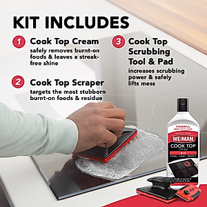 Weiman Cooktop and Stove Top Cleaner Kit - Glass Cook Top Cleaner and Polish 10 oz. Scrubbing Pad, Cleaning Tool, Razor, Scraper