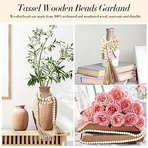 Geetery 6 Pcs Beads 58'' Wood Bead Garland with Tassels Rustic Country Decor Prayer Boho Beads Big Wall Hanging Decor Farmhouse Beads Versatile Prayer Beads for Home Wall Table Decor (White)