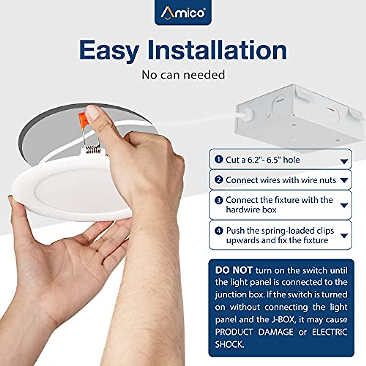 Amico 12 Pack 6 Inch 3CCT Ultra-Thin LED Recessed Ceiling Light with Junction Box, 3000K/4000K/5000K Selectable, 12W Eqv 100W, Dimmable LED Can Lights, 1000LM High Brightness Downlight