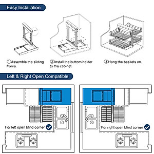 VADANIA Blind Corner Pull Out Organizer for 36" Cabinet, Left Open & Right Open Compatible, Min Opening 15", 2-Tier Pull-Out Basket, Soft Close, Bottom Mount
