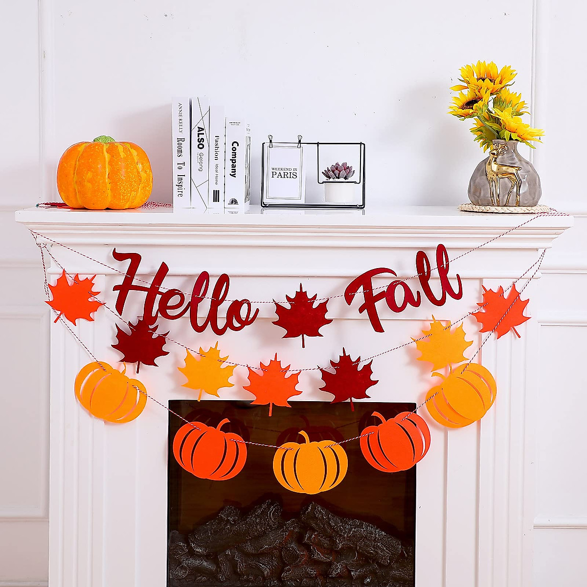 3 Pcs Hello Fall Banners Thanksgiving Fall Decoration Autumn Pumpkins Maple Leaves Garlands Mantel Bunting Harvest Banners for Fireplace Outdoors Indoors Party Hanging Celebrations Decorations (Fall)