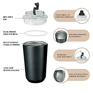 Puraville 2 Pack Insulated Tumblers with Lid, 14 oz Travel Coffee Mug Stainless Steel Vacuum Cup, Leak Proof Double Walled Coffee Tumbler for Iced and Hot Drinks, Black and Cream