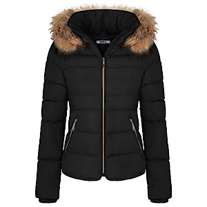 BodiLove Thickened Winter Puffer Jacket with Removable Faux Fur Hood Fleece Lining Black