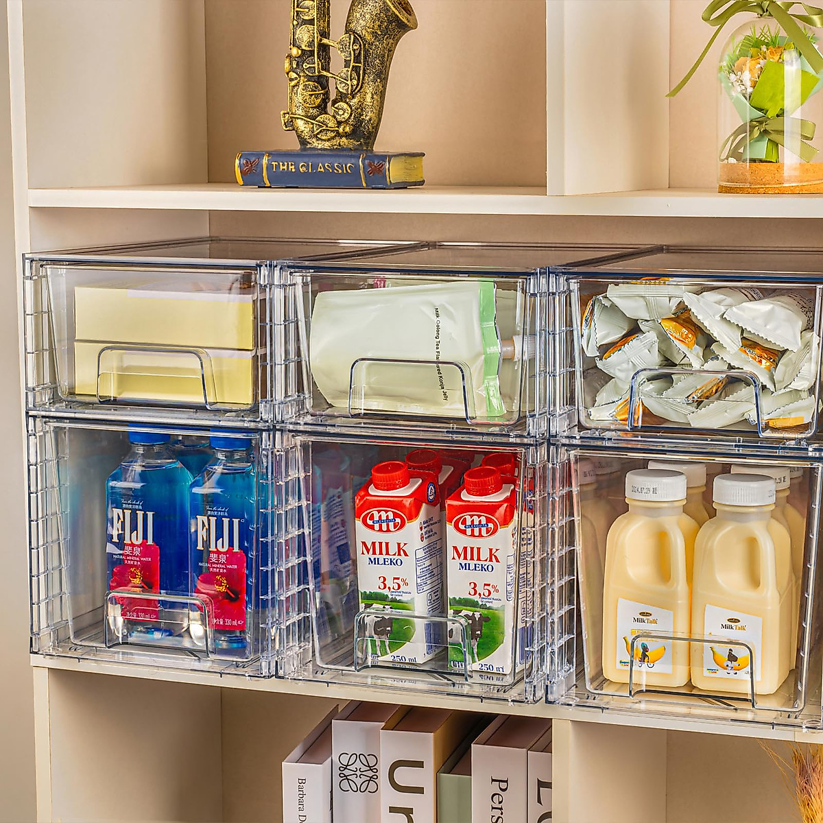 Zero Zoo 4 Pack Large Stackable Storage Drawers,Clear Acrylic Drawer Organizers with Handles, Easily Assemble for Kitchen Undersink,Bathroom,Cabinet,Makeup,Closet,Pantry,Organization and Storage