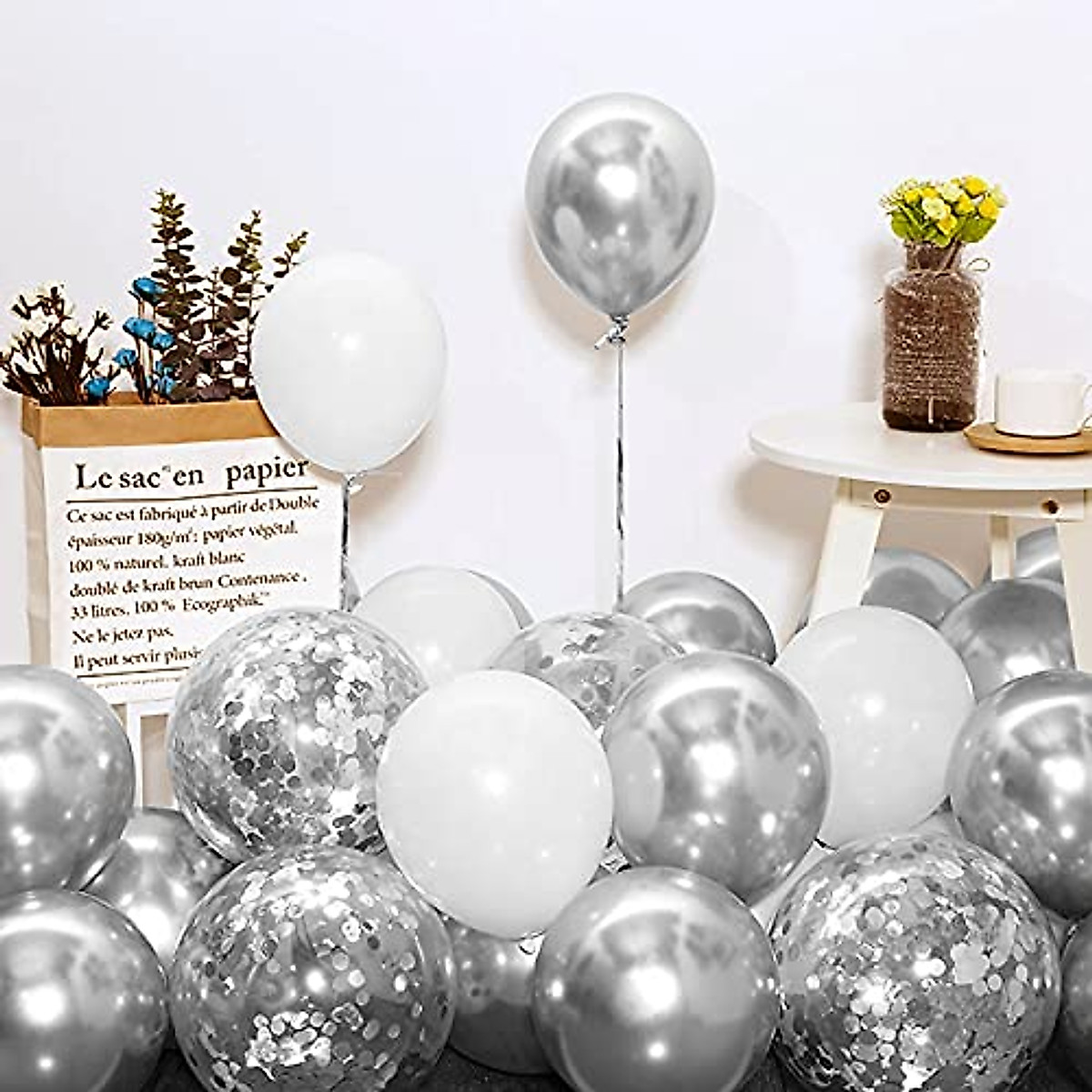 Bezente White Silver Balloon Garland Kit,100Pcs White Silver Metallic Chrome and Silver Confetti Balloons with Balloon Tape for Wedding, Prom,Special Events Party Decoration.