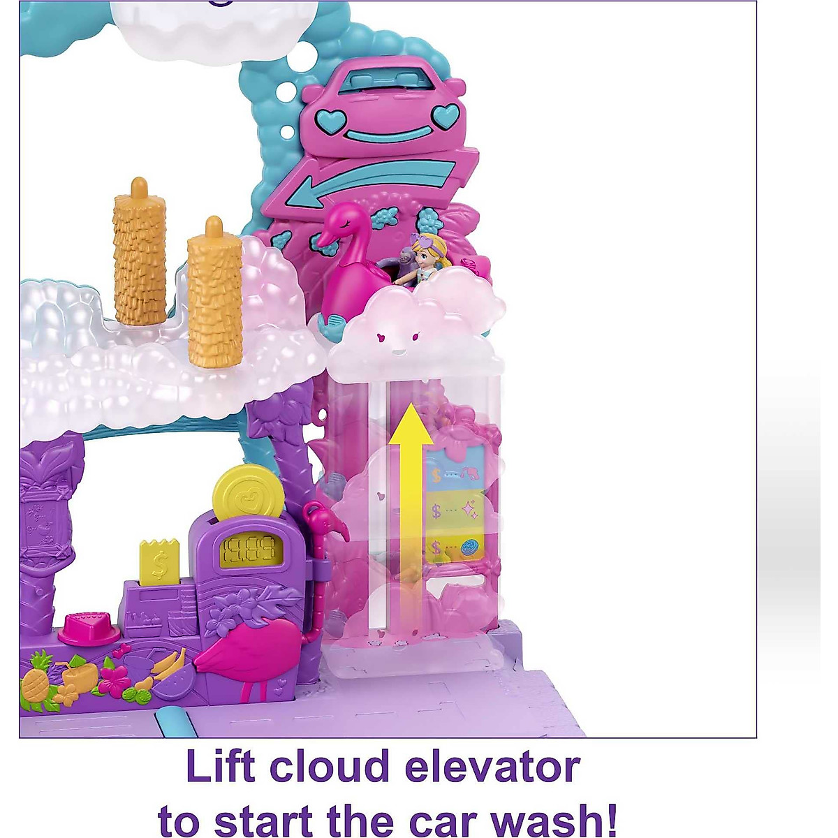 Polly Pocket Playset, Pollyville Flamingo Fun Car Wash with 2 Micro Dolls, Toy Car, Water Play & Color-Change Accessories