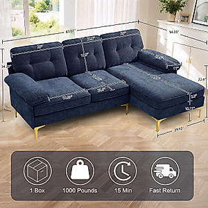 EASELAND 83" Chenille L Shape Couch, Convertible Modern Sofa for Living Room, 3-Seat Comfy Sofa Sectional with L/R Reversible Chaise, Deep Seat Sofa with Fluffy Armrests (Navy)