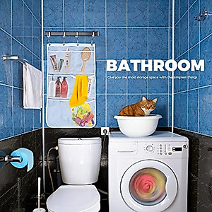 Yihoon Mesh Shower Caddy Curtains Organizer - Hanging Bathroom Shower Curtain Rod/Liner Hooks Accessories with 6 Pockets Save Space in Small Bathroom Tub 4 Rings