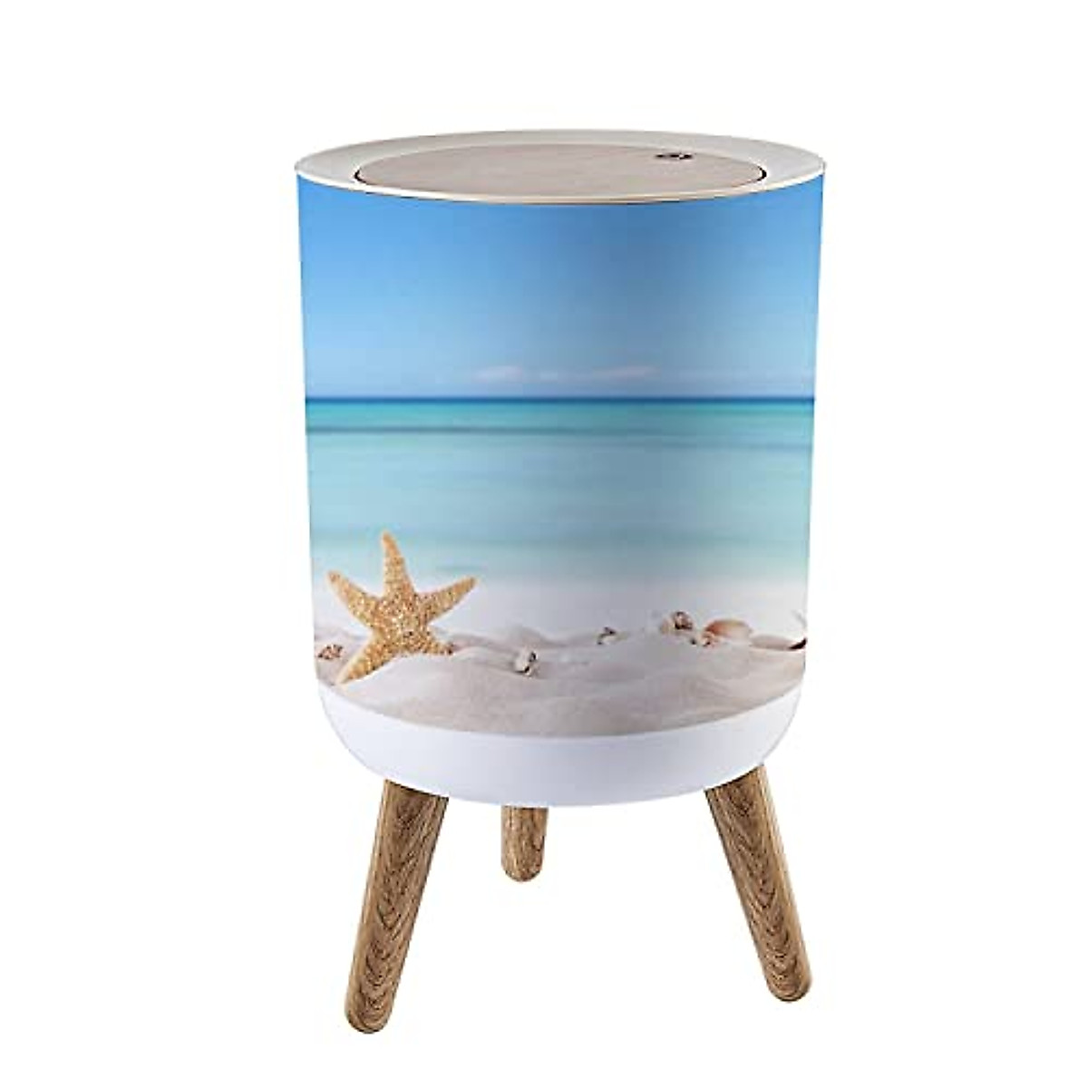 Small Trash Can with Lid Summer Beach with strafish and Shells 7 Liter Round Garbage Can Elasticity Press Cover Lid Wastebasket for Kitchen Bathroom Office 1.8 Gallon