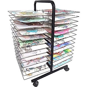 Drying & Print Racks，Back-to-Back 13-Shelf Mobile Drying Rack with 26 Wire Shelves for Mobile Classrooms Art Studios and Home Use