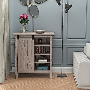 Landia Home Farmhouse Coffee Bar Cabinet with Sliding Barn Door, Accent Cabinet with 3 Tiers Shelves, Cabinet for Entryway, Living Room, Bathroom, and Kitchen, Grey
