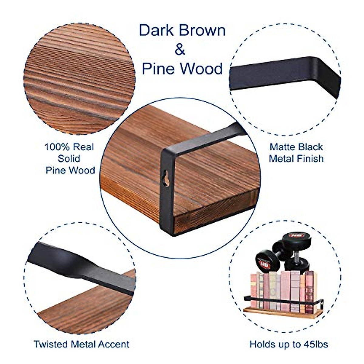 Micup Floating Shelves Wall Mounted Set of 2 Rustic Wood Storage Shelf for Bathroom, Bedroom, Kitchen, Living Room (with Removable Hooks, Dark Brown)