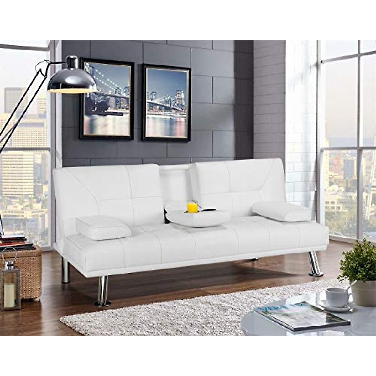 Topeakmart Adjustable Faux Leather Sofa Futon Modern Sofa Bed Convertible Sofa Couch Sleeper with Armrest Recliner Couch Home Furniture White