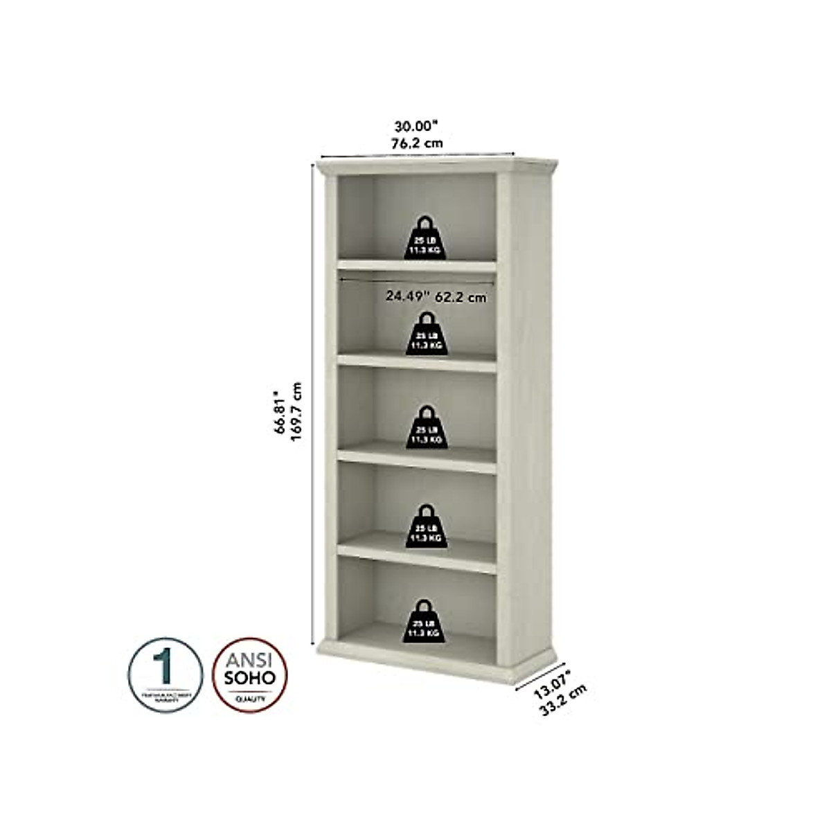 Bush Furniture Yorktown Tall 5 Shelf Bookcase, White Oak