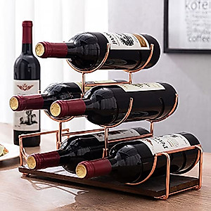 MyGift Rose Gold Wine Rack Countertop, 6 Bottle Modern Tabletop Metal Wire Stacked Wine Holder Stand with Burnt Wood Base