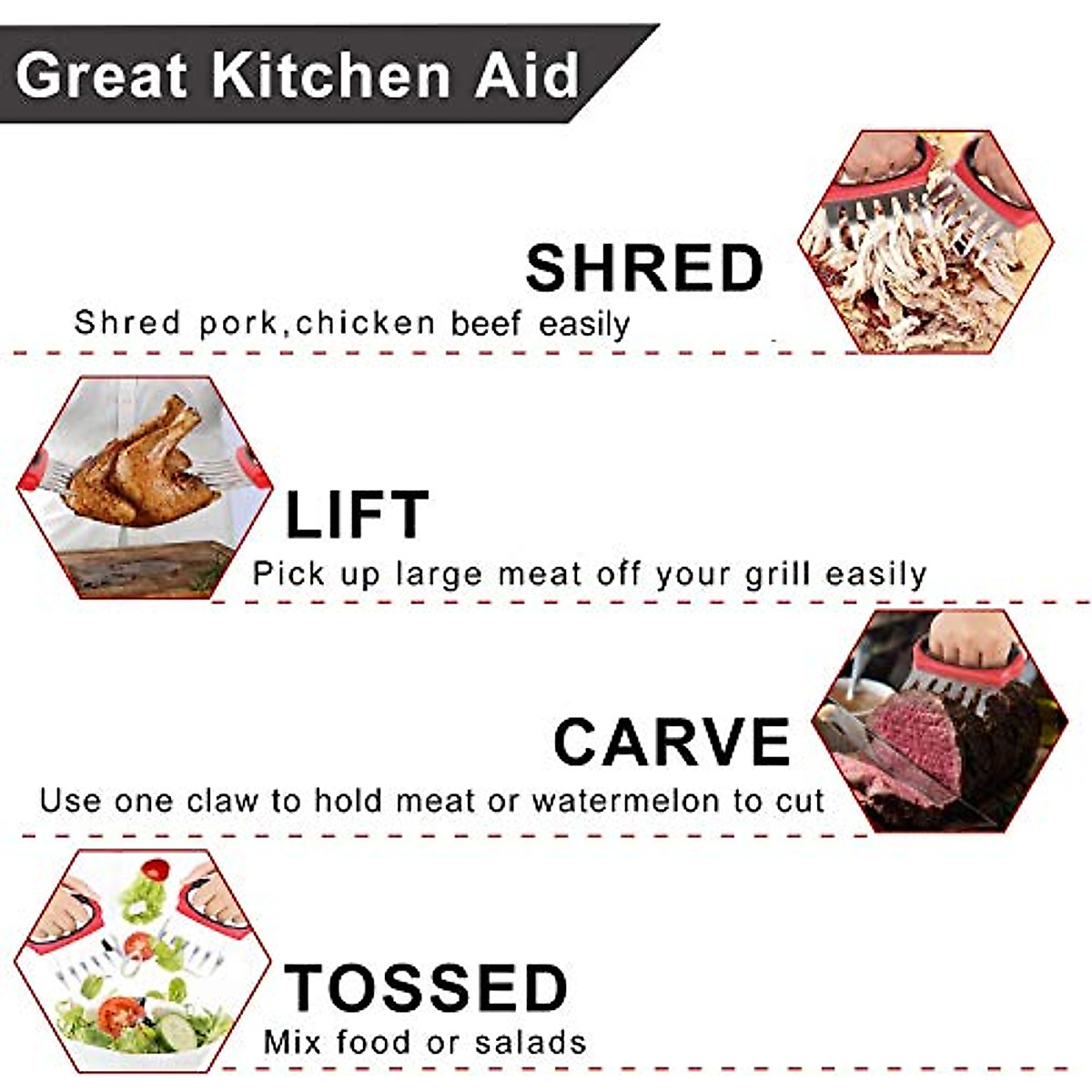 SCN Bear Claws Meat Shredder-BBQ Claws Stainless Steel Fork Set For Shredding Pulling Lifting Pork Chicken Beef With Heat Insulated Handel Set of Two Barbecue Grilling Tool