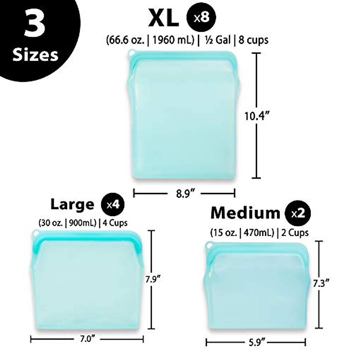 BluePerlOne Two-30 oz. 100% Silicone Reusable Food Storage Bags (2 Pack) - Eco-friendly, Food-Grade, Leak-Proof Zipper Bags - Microwave, Oven, Sous Vide, Dishwasher & Freezer Safe (4 Cups/ 30 oz.)