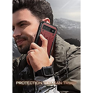 Poetic Revolution Series Case for Google Pixel 6A 5G, Built-in Screen Protector Work with Fingerprint ID, Full Body Rugged Shockproof Protective Cover Case with Kickstand, Maroon Red