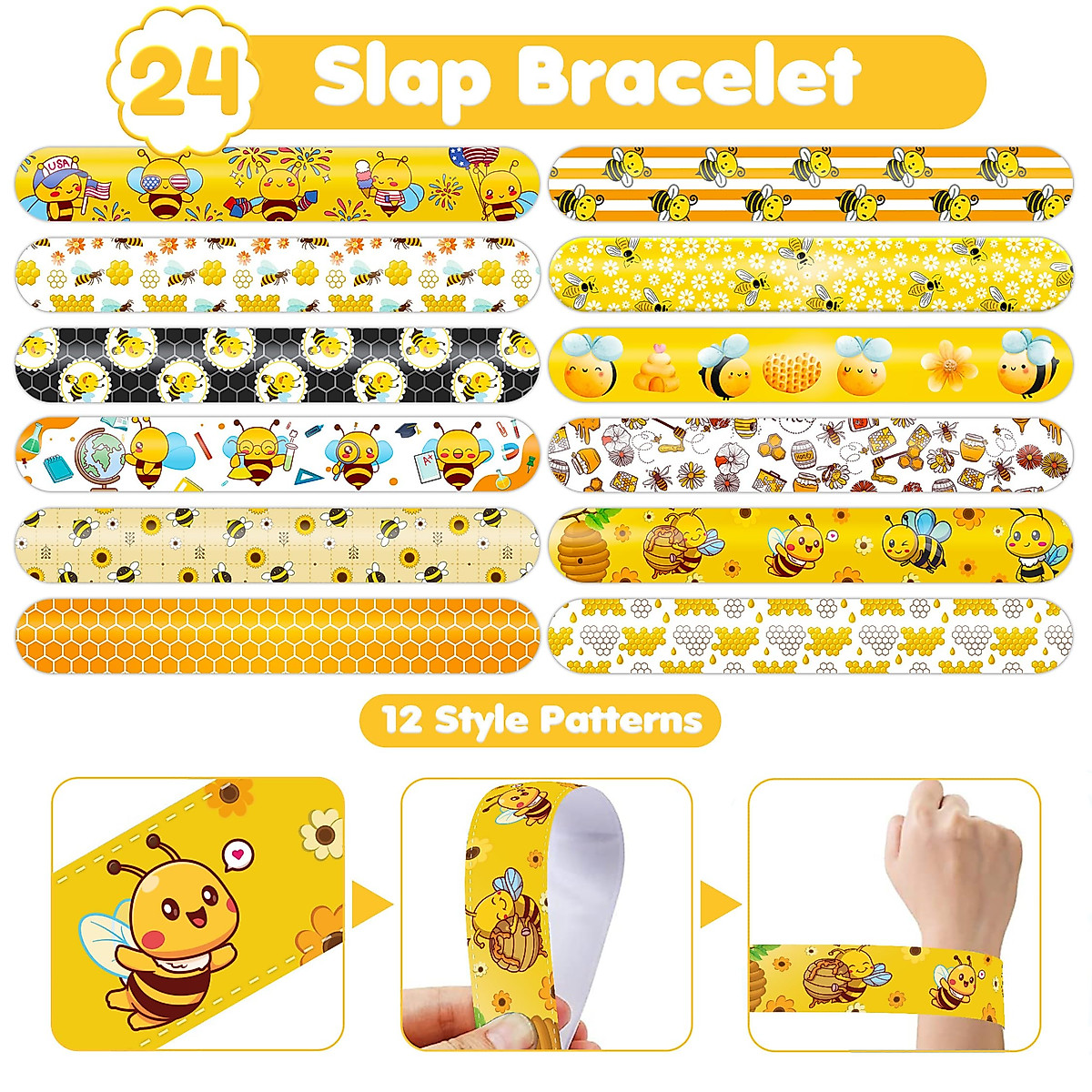 48PCS Bee Party Favors 24PCS Tattoos 24PCS Slap Bracelets Wristbands Themed Birthdays Party Supplies Decorations Decor Honey Bee Day Pattern Girl Gifts School Classroom Prize Baby Shower